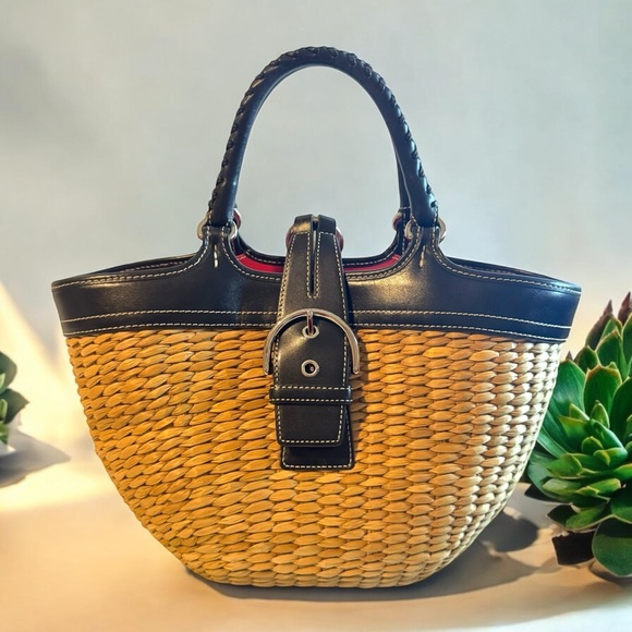 Coach | Bags | Coach Raffia Straw Leather Basket Totebag Purse W Buckle ...